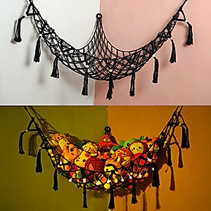 KoHuiJoo Stuffed Animal Net Hammock Macrame Boho Plush Toy Net Hammock for Stuffed Animals with Lights Stuffed Animals Corner Hanging Stuffed Animal Storage Net for Kids Bedroom Black