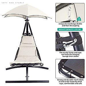 Fundouns Outdoor Hanging Lounge Chair with Stand, Patio Curved Steel Chaise Swing with Removable Olefin Canopy and Cushion,Off-White