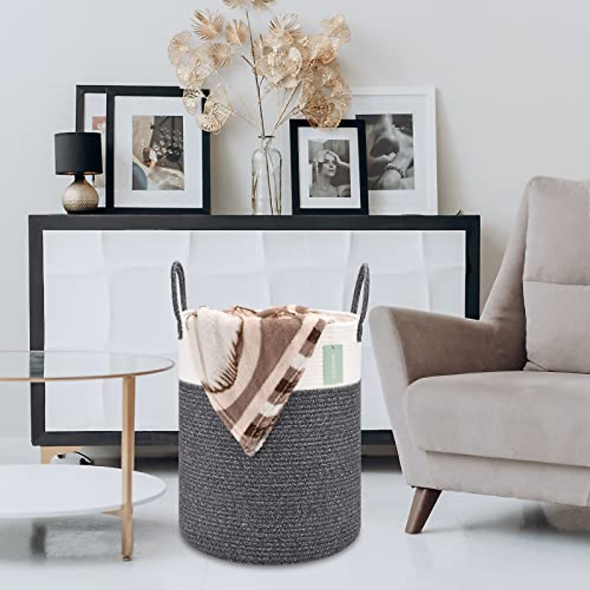 BOSROTY Extra Large Blanket Basket, Tall Laundry Basket, Laundry Hamper, Large Storage Basket, 15.7”x 19.7”, Cotton Rope Basket, Woven Basket, Toy Basket, Clothes Baskets, White & Black