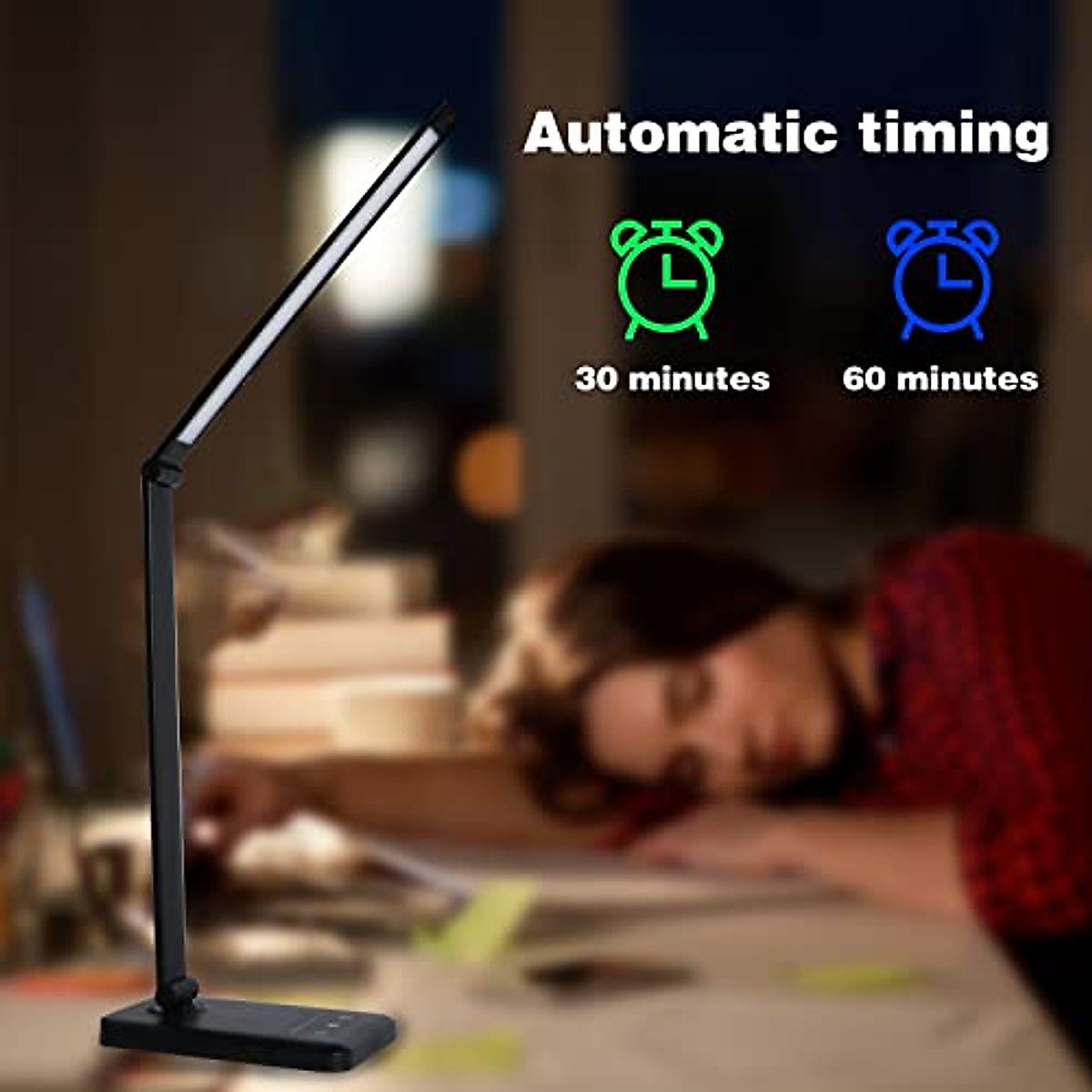 Kitys Fatch LED Touch Sensing Desk Lamp with USB Charging Port, 5 Lighting Modes, 5 Levels of Brightness, 30/60 Minutes Auto Timer, Foldable Desk Lamp for Bedroom, Study Room, (Black)