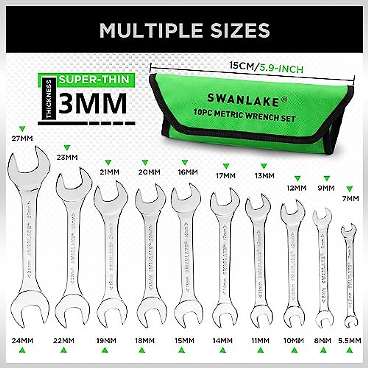 SWANLAKE 10Pcs Super-Thin Open End Wrench Set, CR-V Steel, Metric Size 5.5, 7, 8, 9, 10, 11, 12, 13, 14, 15, 16, 17, 18, 19, 20, 21, 22, 23, 24, 27mm Slim Spanner Wrench Set with Pouch(10pcs METRIC)