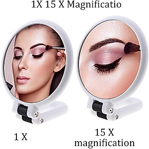 FUHUIM 1x 15x Magnifying Handheld Mirror, Double Sided Pedestal Magnification and True Image Makeup Mirror, Compact Size and Portable Vanity Cosmetic Mirror for Girl, 9.3" L x 1.9" W