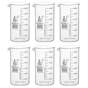 EISCO 6PK Beakers, 600ml - Tall Form with Spout - White, 50ml Graduations - Borosilicate 3.3 Glass