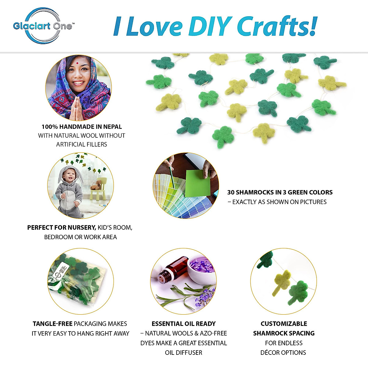 Glaciart One St. Patrick's Day Felt Clover Garland - Pre-Assembled Shamrocks, Clover Irish Party Decoration - Pompom Party Decor - 100% Natural Wool Hand-Made Clovers with Cotton String - 7 Feet