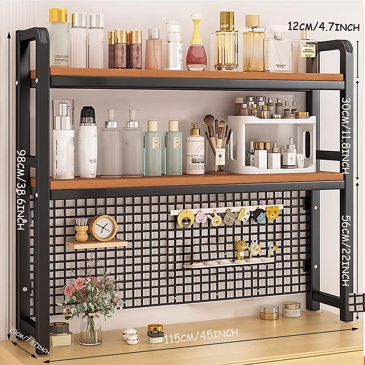 2-Tier Desk Shelf, 45.3" Multipurpose Desktop Organizer Shelf with Grid Panel, Computer Desktop Bookcase Bookshelf Storage Rack for Home Office Dorm,Black