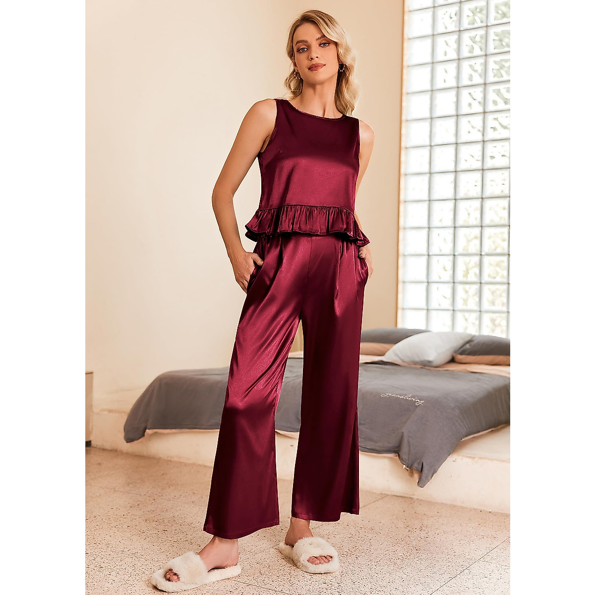 Ekouaer Silky Pajama Set for Women Silk Shirt with Long Pantt Two Piece Loungewear Crop Top and Long Pant with Pockets Wine Red