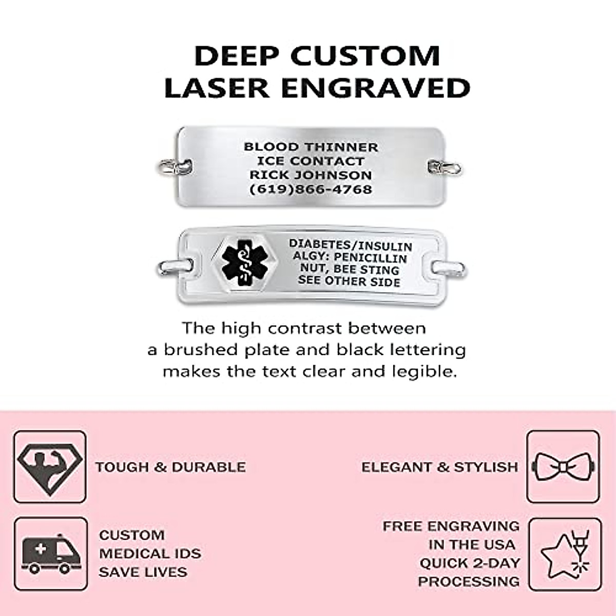 Divoti Custom Engraved Classic Medical Alert ID Bracelets for Women, w/Anchor Chain – Red/8.0"