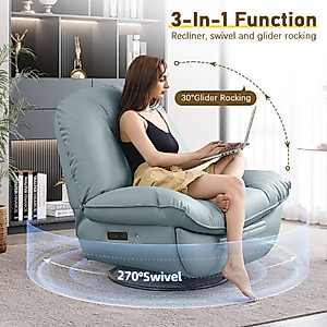 COOSLEEP Oversized Power Swivel Recliner Chair Rocker with 43.5'' Oversized Sitting Width and 270° Swivel,360° Surround Sound and Breathing Lighting,Comes with a 3-in-1 Pillow, 380 Lbs Capacity(Blue)