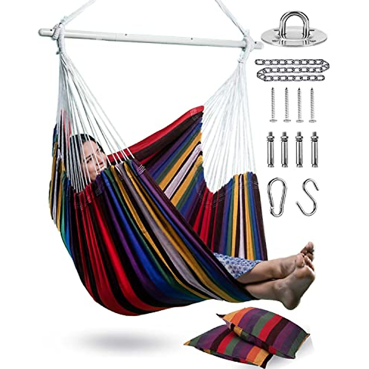 XXL Hammock Chair Hanging Rope Swing with 2 Cushions - Max 500lbs-Perfect for Patio, Porch, Bedroom, Backyard, Indoor or Outdoor - Includes Hanging Hardware Kits