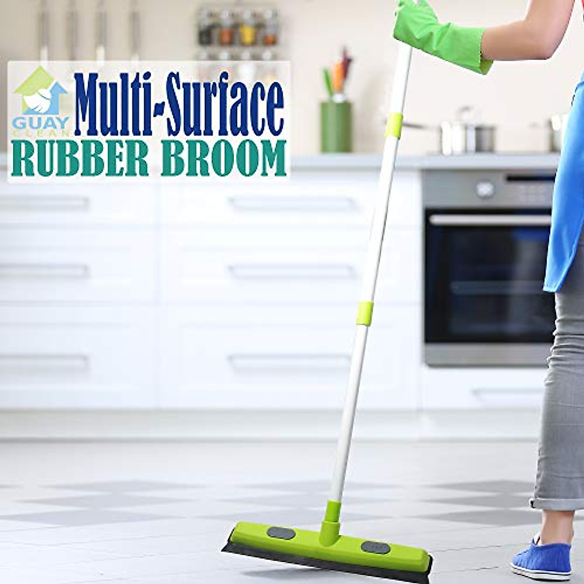 Guay Clean Rubber Push Broom Pet Hair Fur Removal Soft Bristle Sweeper for Carpet and Floor, Squeegee and Grommet for Pads and Towels -Telescopic Pole up to 50 Inches - Blue