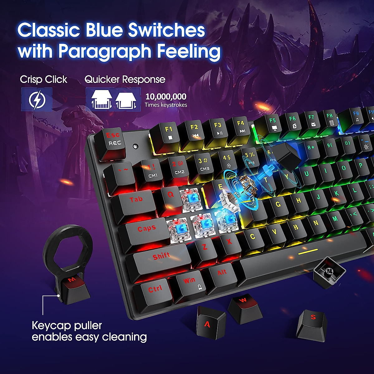 Mechanical Gaming Keyboard, Customizable Rainbow LED Backlit USB Wired Keyboard with Small Size/87 Keys/Multiple Colors/Detachable Keycaps/Spill Resistant,Ergonomic Keyboard for Windows