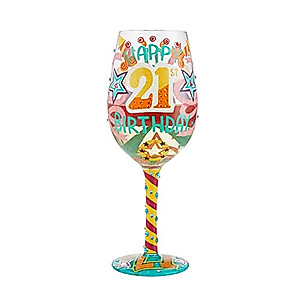 Enesco Designs by Lolita Happy 21st Birthday Hand-Painted Artisan Wine Glass, 1 Count (Pack of 1), Multicolor