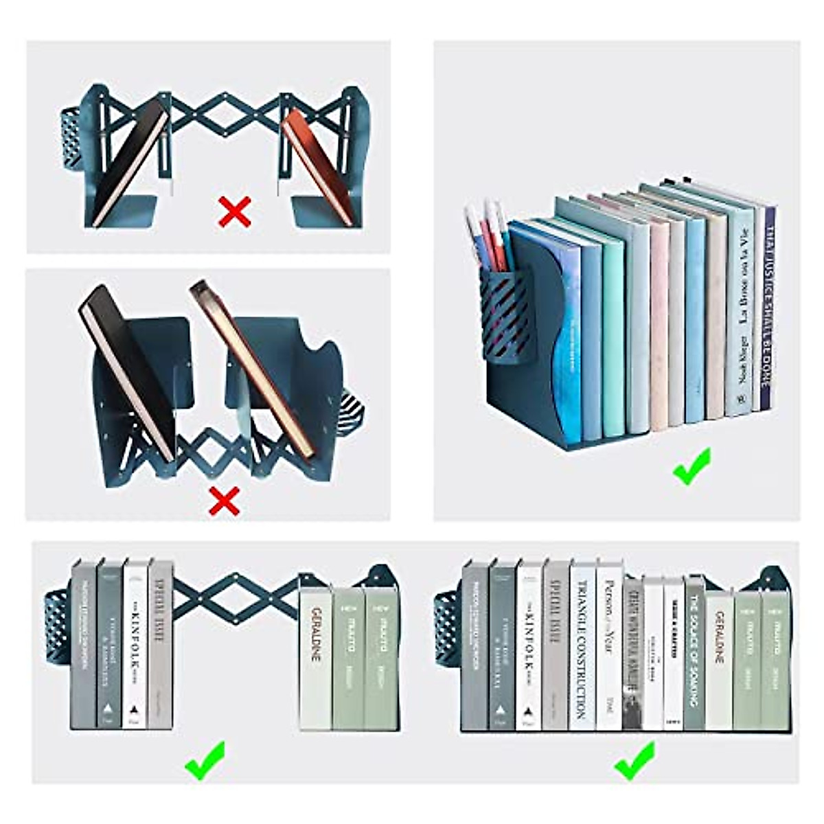 Adjustable Bookends,Metal Book Ends for Books Papers Magazines Albums DVDs Games Desks Binder Organizer Holder for Home, Office, Classroom, Library with Pen Holder.Extends up to 19 inches. (Blue)