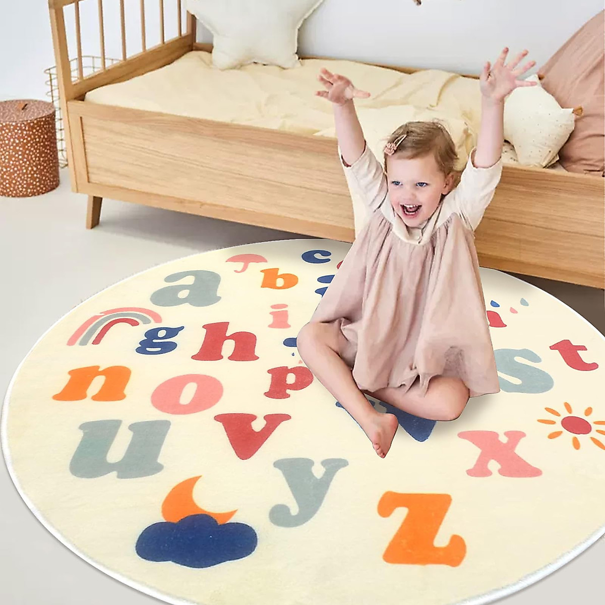 ABREEZE ABC Round Carpet Kids Children Educational Learning Area Rug 4ft, Fluffy Faux Wool Alphabet Baby Crawling Mat, Activity Centerpiece Play Mat for Boys Girls Bedroom Play/Game Room