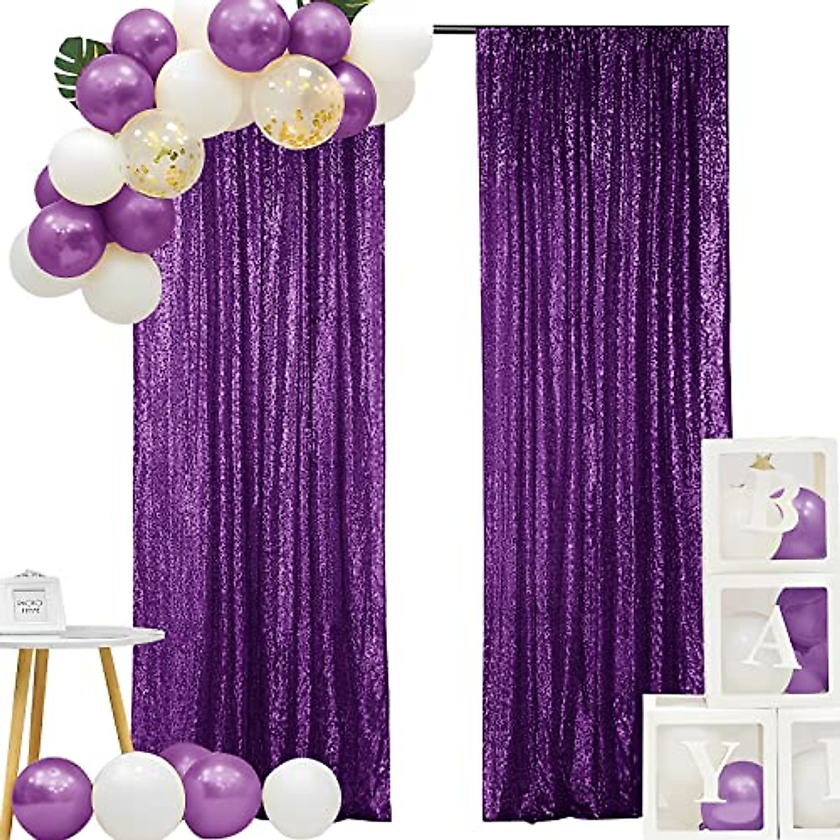 Hahuho Purple Sequin Backdrop Curtain, 2PCS 2FTx8FT Glitter Backdrop Curtain for Parties, Christmas, Wedding, Party Decoration（2 Panels, 2FT x 8FT, Purple