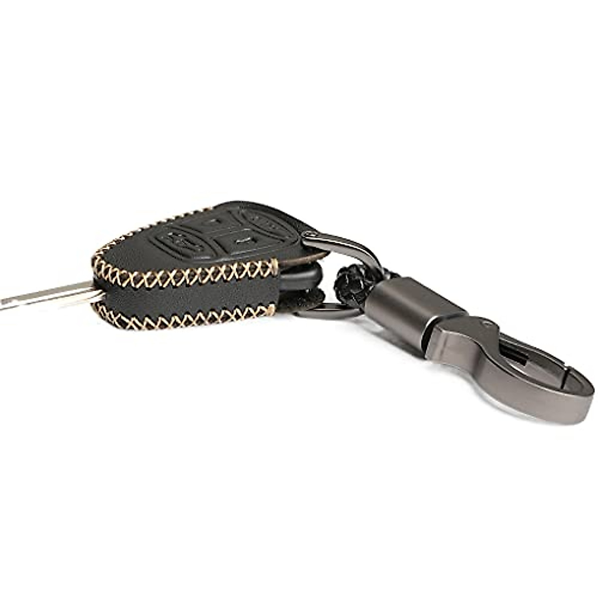 WFMJ Leather for 2006 2007 Jeep Grand Cherokee Dodge Chrysler Magnum Durango Charger 300 Remote 4 Buttons Key Case Holder Cover Fob Chain (Black)