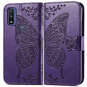 HAOTP Moto G Pure Wallet Case - Embossed Butterfly Flower, PU Leather Flip Stand, Card Slots & Wrist Strap - Purple