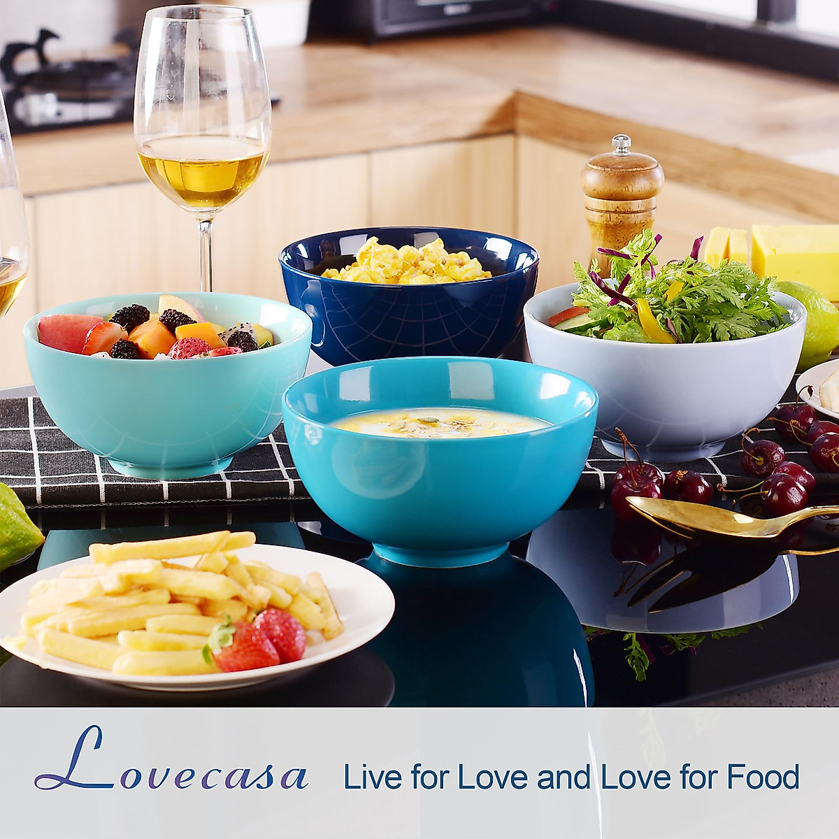 LOVECASA Porcelain Dessert Bowls Cereal bowl, 25 Oz Colorful Soup Bowls, Simple Ceramic Bowl for Soup, Dessert, Ice Cream, Fruits, Salad, Snack, LEAD & CADMIUM FREE, Set of 4