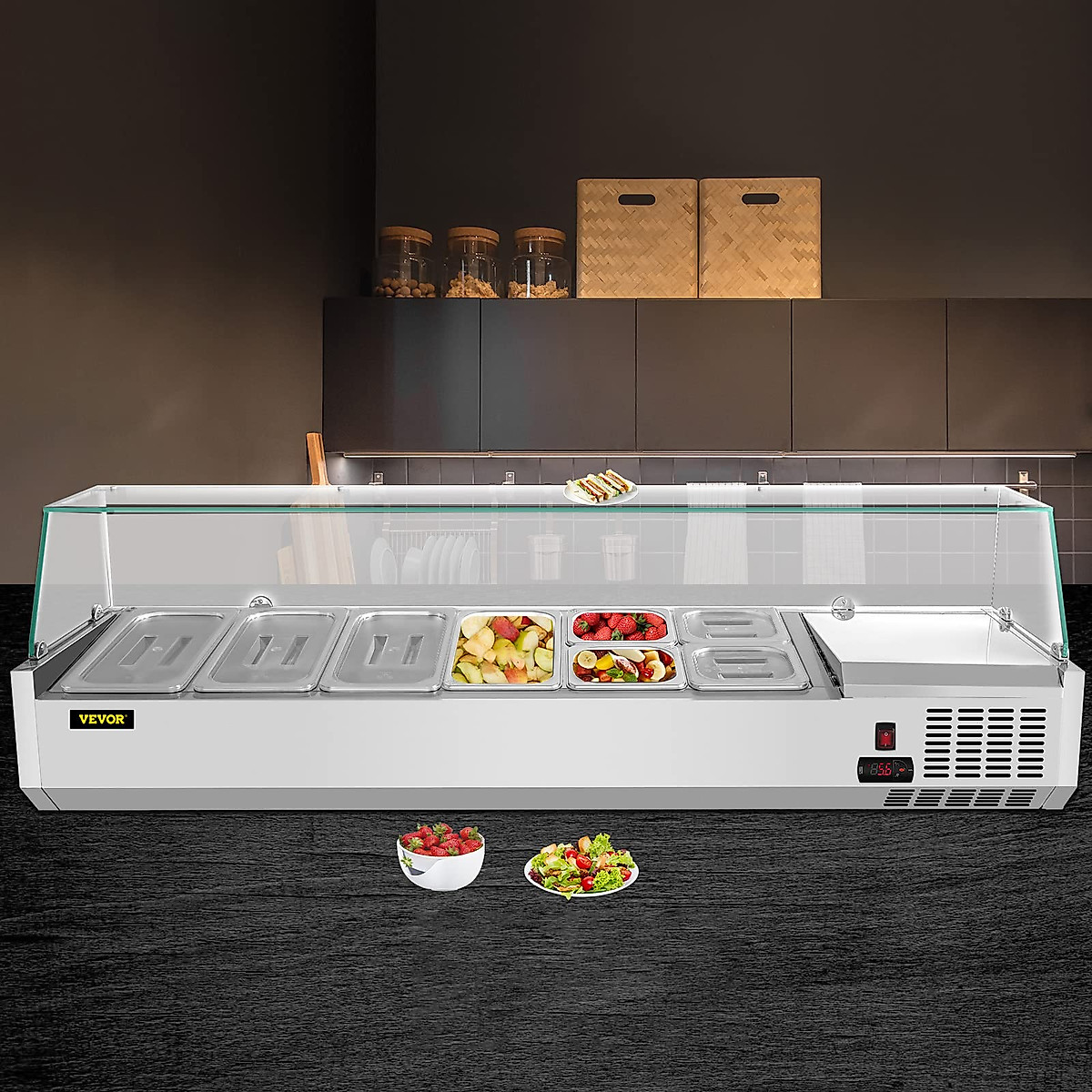 VEVOR Refrigerated Condiment Prep Station, 60-Inch, 16.8Qt Sandwich Prep Table with 4 1/3 Pans & 4 1/6 Pans, 146W Salad Bar with 304 Stainless Body Tempered Glass Shield Digital Temp Display Auto Defr