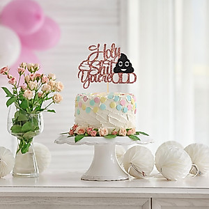 RoadSea Holy Shit You're Old Cake Topper - Women Men Birthday Cake Supplies - 30th 40th 50th 60th 70th 80th 90th 100th 101st Birthday Party Decoration - Rose Gold Glitter