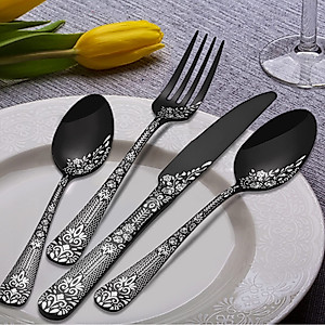 EUIRIO 89-Piece Black Silverware Set with Serving Utensils, Black Flatware Set for 14, Stainless Steel Mirror Cutlery Set, Spoons Forks Knives with Unique Floral Laser, Tableware Set, Dishwasher Safe