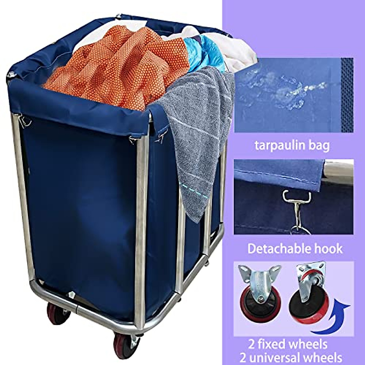 XIJIXILI Commercial Laundry Cart with Wheels Metal Laundry Basket Industrial Rolling Laundry Hamper Removable Liner Bag 160 LB Weight Capacity