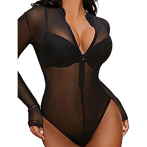 Avidlove Women Long Sleeves Bodysuit Top Sexy Mesh Sheer See Through Zipper Leotard with Snap Crotch Black XXL