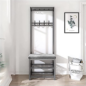 Entryway Bench with Coat Rack,3-in-1 Hall Tree Storage Bench,Coat Rack Shoe Bench with Hooks,Shoe Rack,Velvet Cushion,Easy to Assemble, Black, 24inch