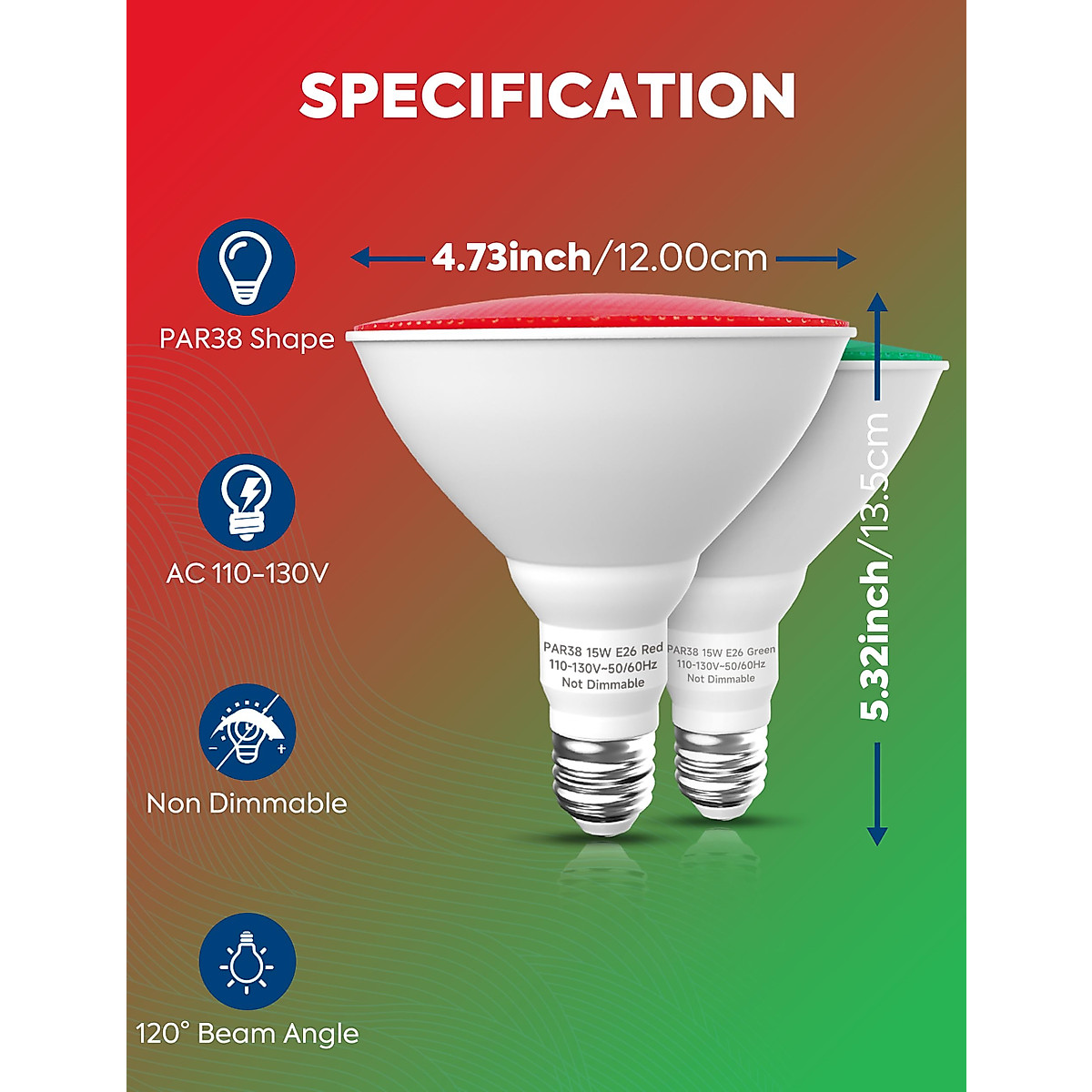 Nouscan PAR38 Red Green LED Lights for Outside [Christmas Combo], 150W Flood Light Bulbs Equivalent, 15W 1200LM, Colored Outdoor Flood Light Bulb, E26 Base Not-dim for Christmas, Halloween, 2 Pack