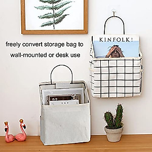 N BoXingYuan Wall Hanging Storage Bag Linen Cotton Organizer Wall Door Closet Bag Organizer with Adhesive Hook for Bedroom Bathroom Living Room (Plant+GreyGrid)