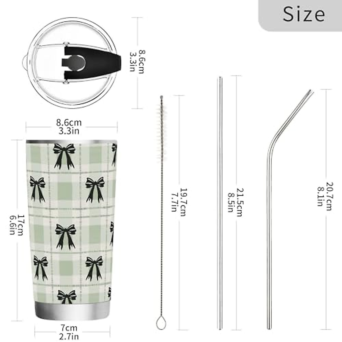 Green Plaid Black Butterfly Stainless Steel travel cups Leak-proof Lid and Straw travel coffee mug spill proof for Water, Iced Tea or Coffee safe umbler 20 OZ