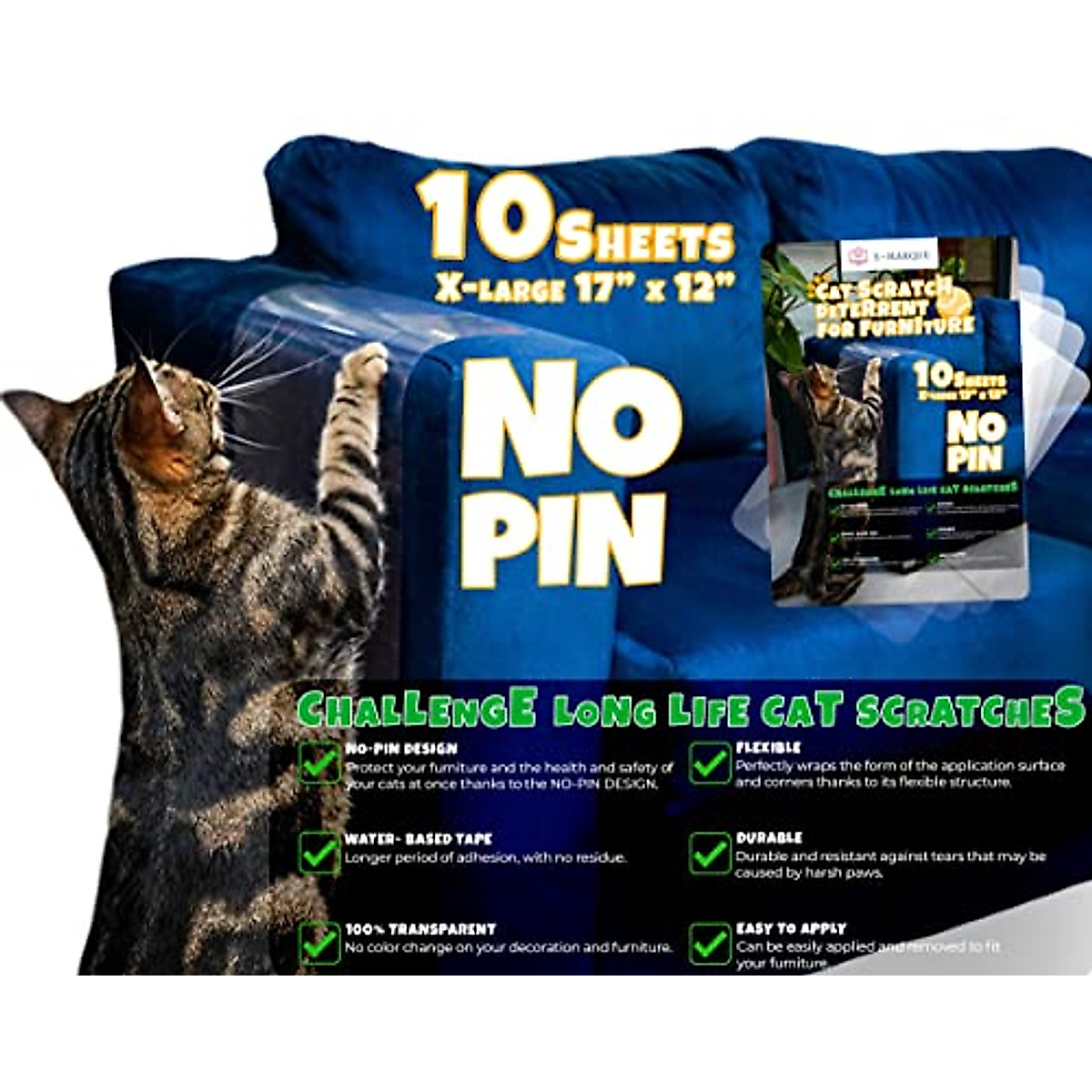Cat Scratch Furniture Protector- No Pin | Pet Repellent for Couch | One Side Tape Sheets, 17x12 Inches E-MARQUE (Pack of 10)