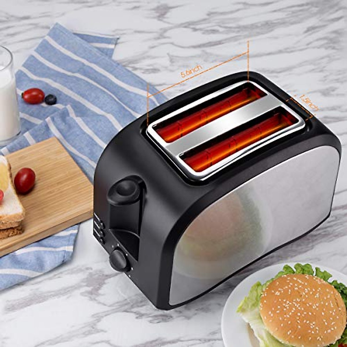 2 Slice Toaster CUSINAID Black Wide Slot Toaster 2 Slice Best Rated Prime with Pop Up Reheat Defrost Functions, 6-Shade Control, Removable Crumb Tray