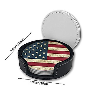 American Flag USA Flag Leather Drinks Coasters with Holder Set of 6, Suitable for Kinds of Cups
