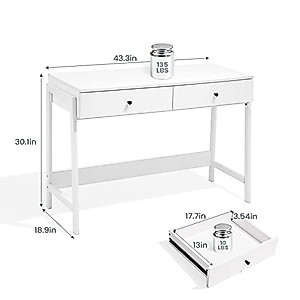 JOINHOM White Desk with 2 Drawers, Home Office Studying Working Desk, Makeup Vanity Table Desk for Bedroom