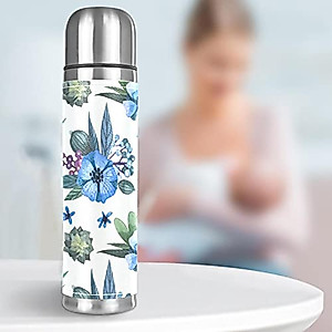 Watercolor Blue Floral Flower Cute Stainless Steel Water Bottle Leak-Proof, Double Walled Vacuum Insulated Flask Thermos Cup Travel Mug 17 OZ