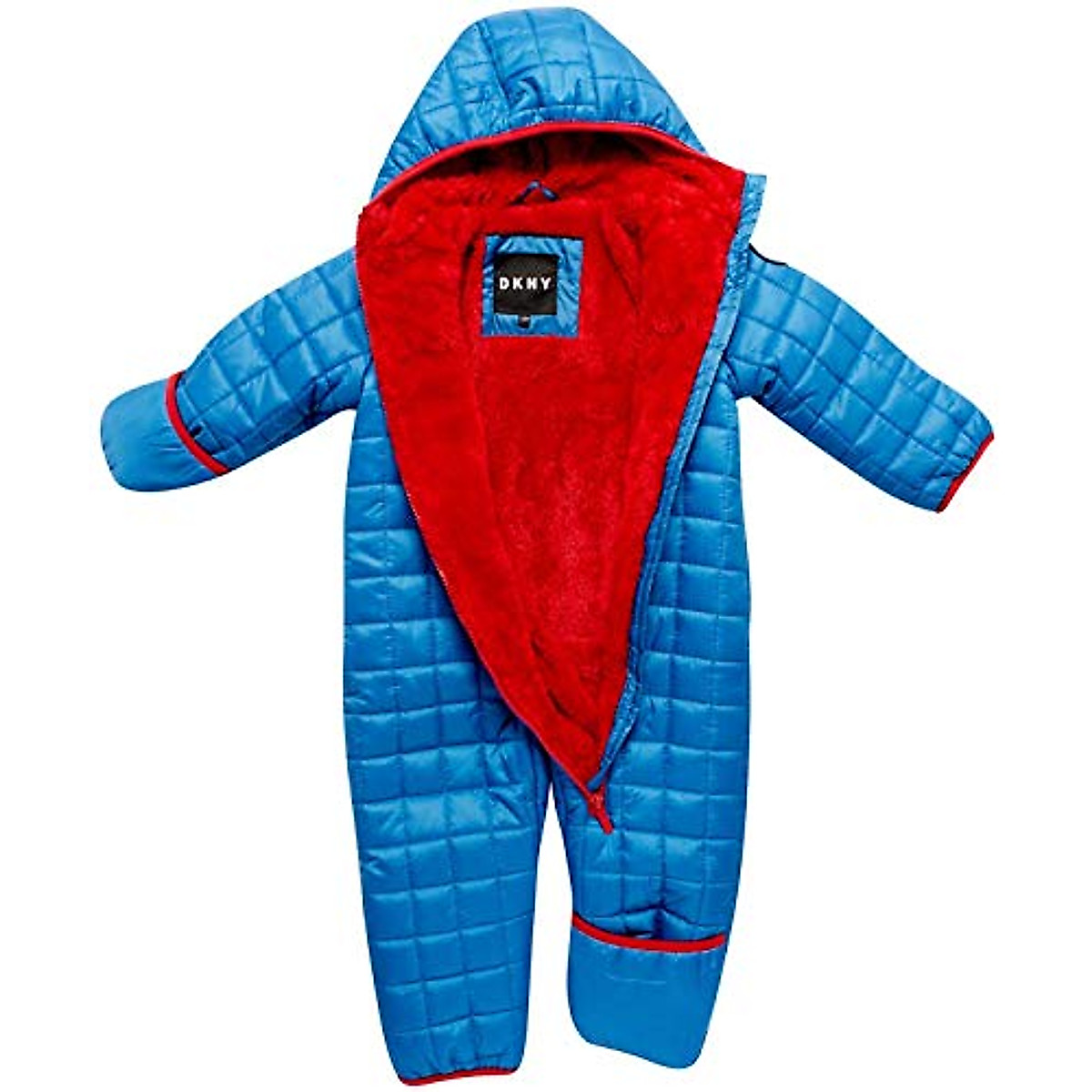 DKNY Baby Boys’ Snowsuit – Hooded Fleece Lined Warm Winter Jumpsuit – Zip Snow Pram for Newborns and Infants (0-24M), Size 3-6 Months, Blue