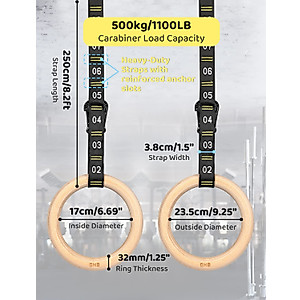 GHB Gymnastic Rings Wooden Gym Rings 1.25" Olympic Rings Adjustable Numbered Straps Pull Up Rings Sets for Workout Bodyweight Fitness Training