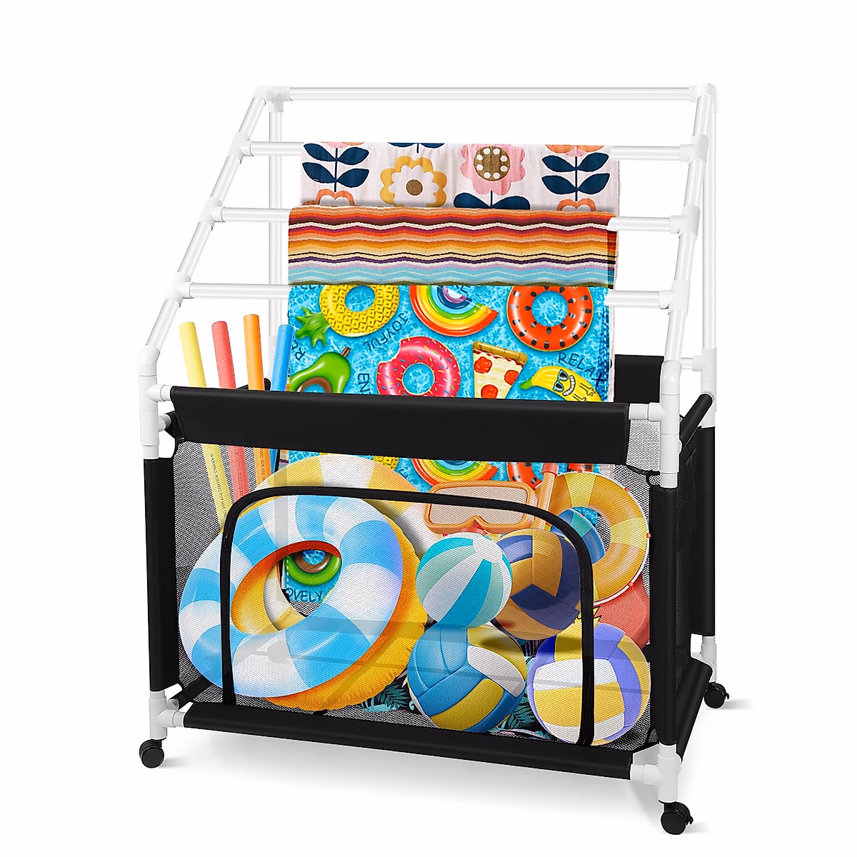 Heavy Duty Outdoor Towel Rack,Hutigertech 4 Tier Freestanding Poolside Pipe Towel Rack with Towel Rack Net,Moveable Wheels and Installation Hammer for Beaches,Swimming Pools,Bathroom