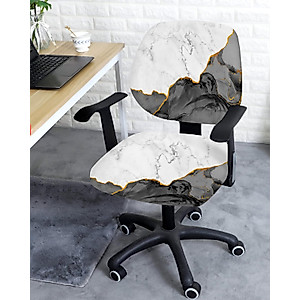Marble Black Grey 2 Pieces Computer Office Chair Covers Set, Stretchable Desk Rotating Chair Seat Cushion Slipcover Back Covers, Decorative Protectors Cover Minimalist Abstract Gold Modern Art