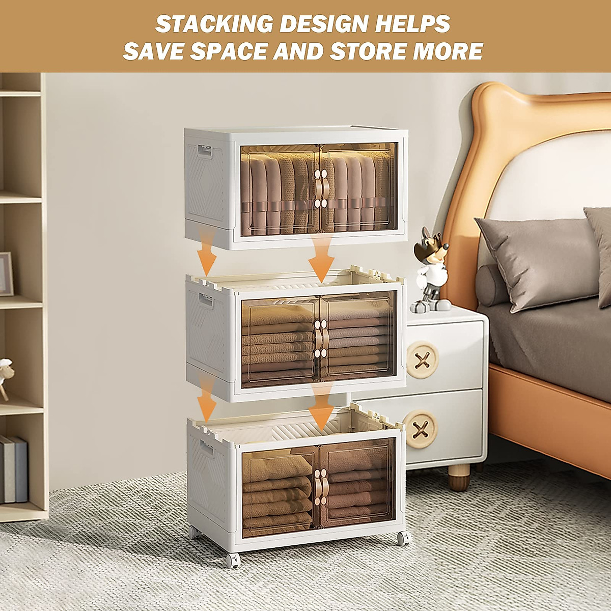 SYNCVIBE Stackable Storage Bins With Lids and Double Doors 3 Pack Plastic Storage Box Collapsible Organizer with Wheels Large Folding Storage Containers for Home Organization (3-pack, 8.4 Gal-white)