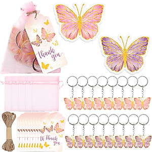 JarThenaAMCS 24 Set Butterfly Party Favors Butterfly Keychains Thank You Gift Tags Organza Bags with Hemp Rope School Reward Decor for Baby Shower Birthday Party Supplies