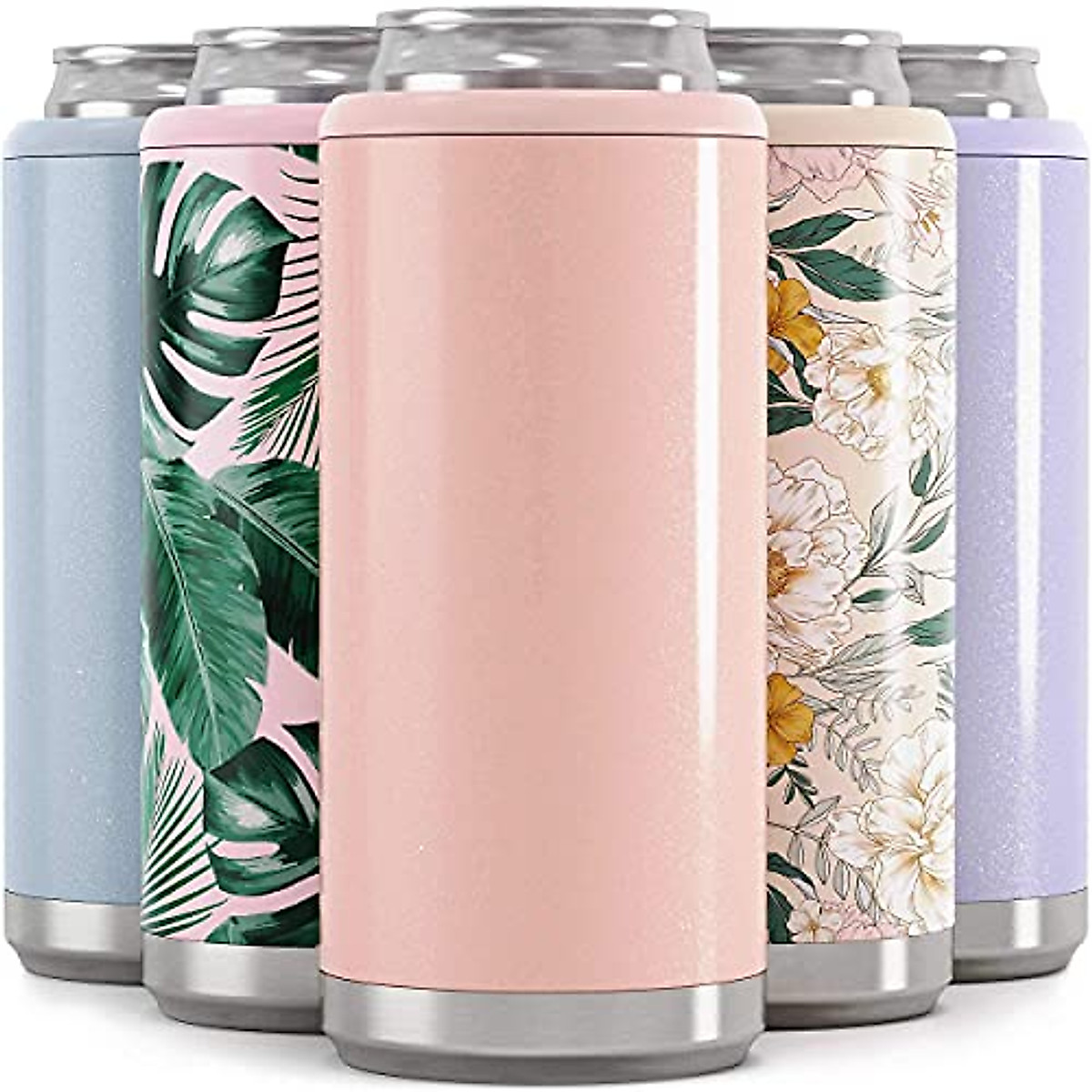 Maars Skinny Can Cooler for Slim Beer & Hard Seltzer | Stainless Steel 12oz, Double Wall Vacuum Insulated Drink Holder - Glitter Blush