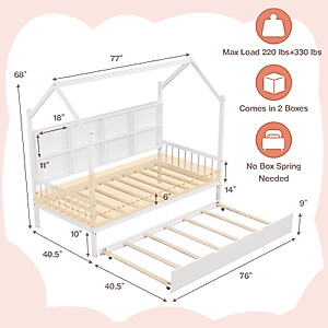KOMFOTT Wood Twin House Bed with Trundle, Kids Playhouse Platform Bed Frame with Roof & 8 Storage Shelves, 2-in-1 Montessori Bed for Kids Boys Girls, No Box Spring Needed, White