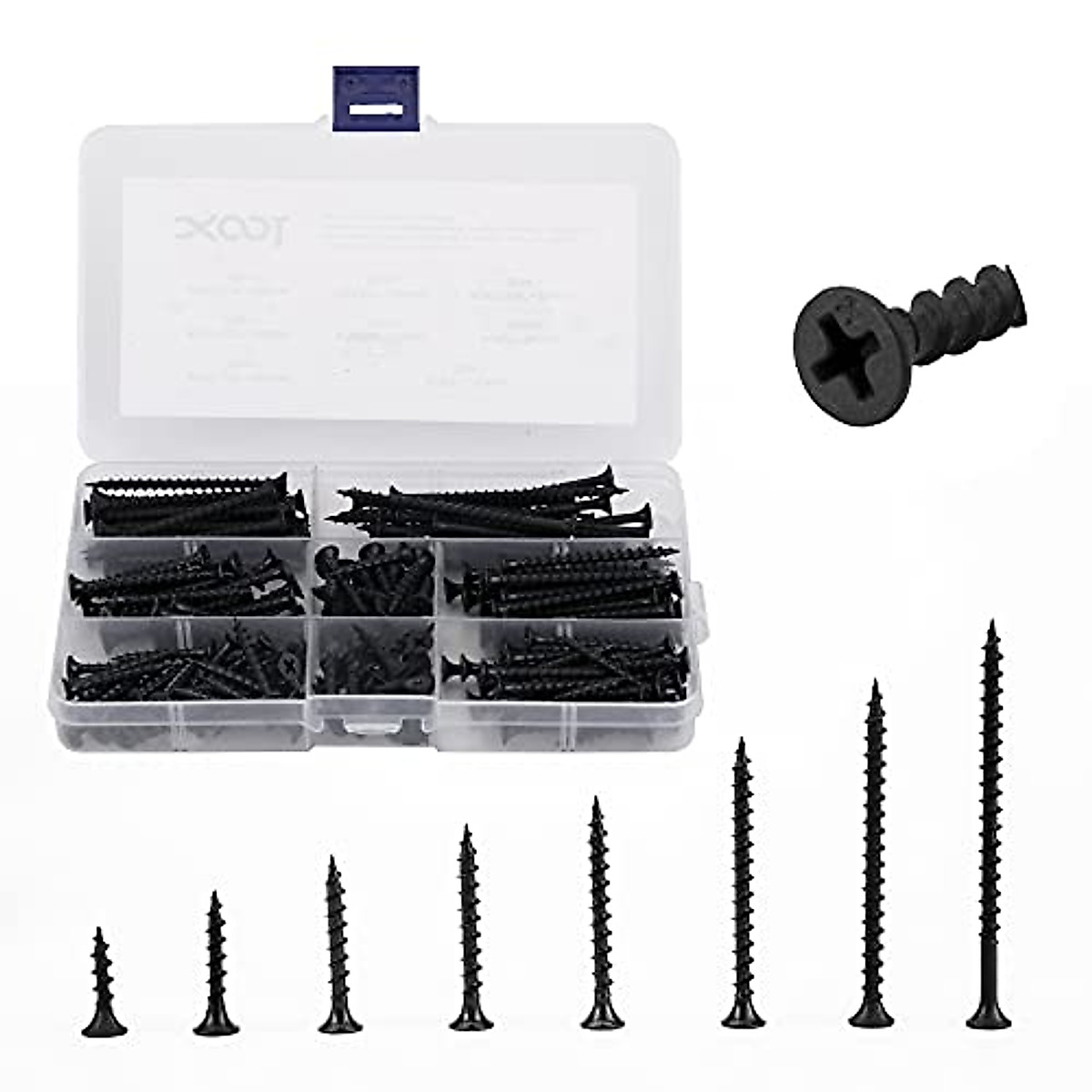 XOOL 200PCS Drywall Screws #7 Coarse Thread Sharp Point Self Tapping Screws Assortment Kit Black, Carbon Steel Wood Screws for Drywall Sheetrock, Wood, Furniture Cabinet
