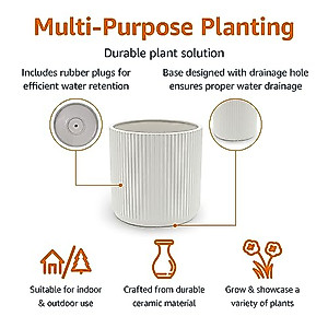 Amazon Basics Fluted Ceramic Round Planter, 10-Inch, White