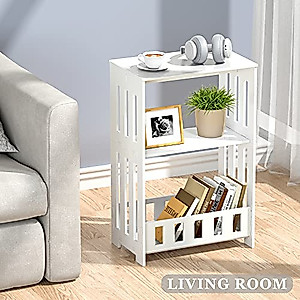 HAYOFAMY Side Table Night Stand, 3 Tier Narrow End Table with Display Shelf, Small Bookcase Bookshelf, Simple Bedside Table Storage Rack for Bedroom, Living Room, Office, Bathroom, White