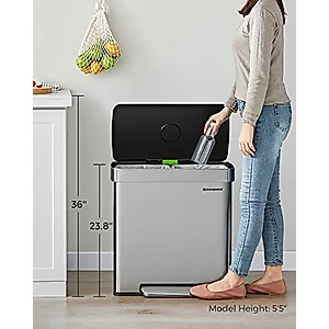 SONGMICS Kitchen Trash Can, 16 Gallons (2 x 8 Gallons) Dual Compartment Garbage Can, 60L Pedal Recycling Bin, Stay-Open Lid and Soft Closure, Stainless Steel, 15 Bags Included, Silver ULTB202E01