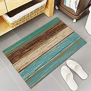 Entrance Doormat Rustic Old Barn Wood Art Rug Retro Wood Board Non Slip Mats Bathroom Kitchen Farmhouse Decor Area Rug, Machine Washable 18"x 30",Teal Green Brown