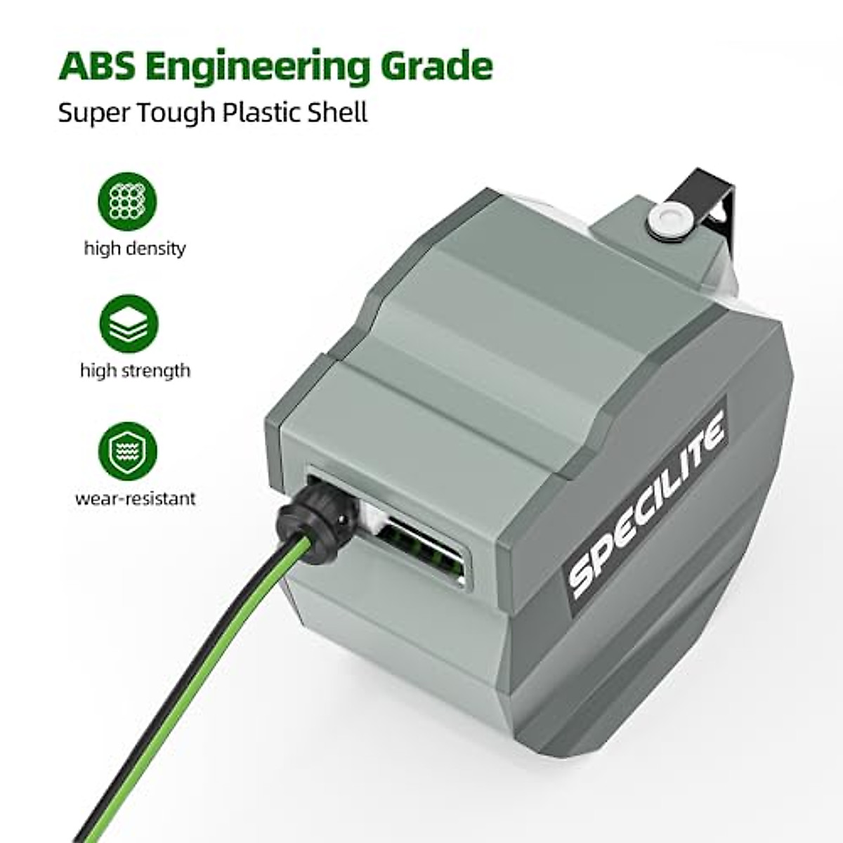 SPECILITE Retractable Heavy Duty Garden Hose Reel, 1/2" X 66 + 5 FT 2 Year Anti-Fading Wall Mounted Hose Reel, Smooth Automatic Rewind, 9 Pattern Sprayer, 180° Swival Bracket, Any Length Lock